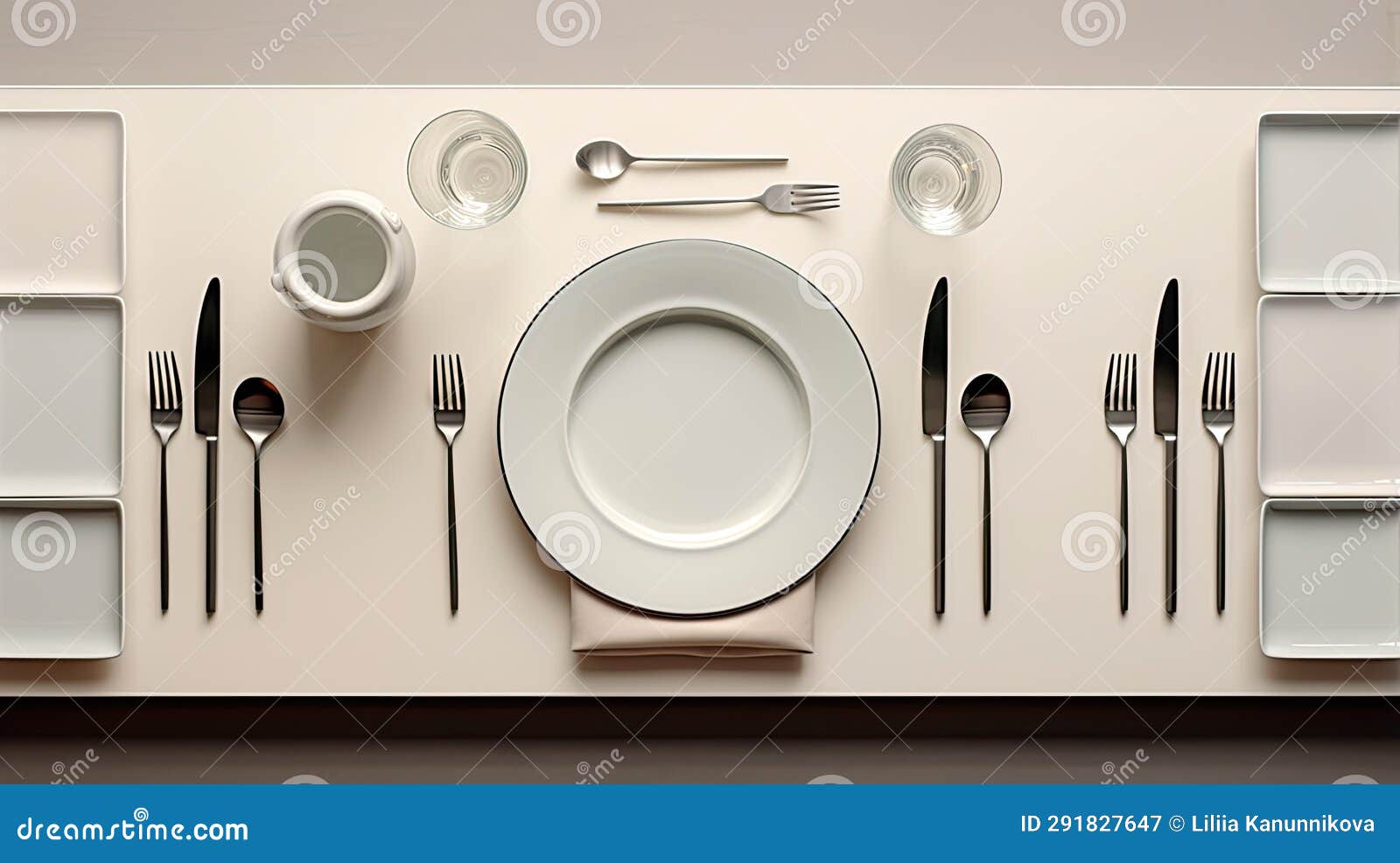 A Pristine Marble Dining Table, Featuring Neatly Arranged White Ceramic ...
