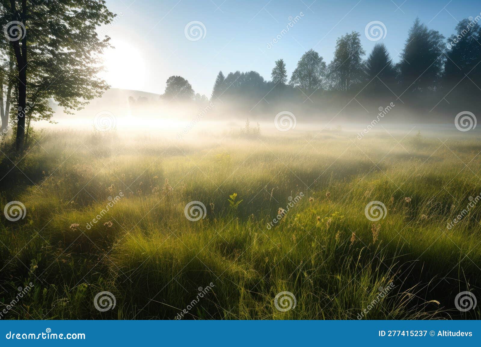 Pristine Meadow in the Morning Light, with Mist Rising from the Grass ...