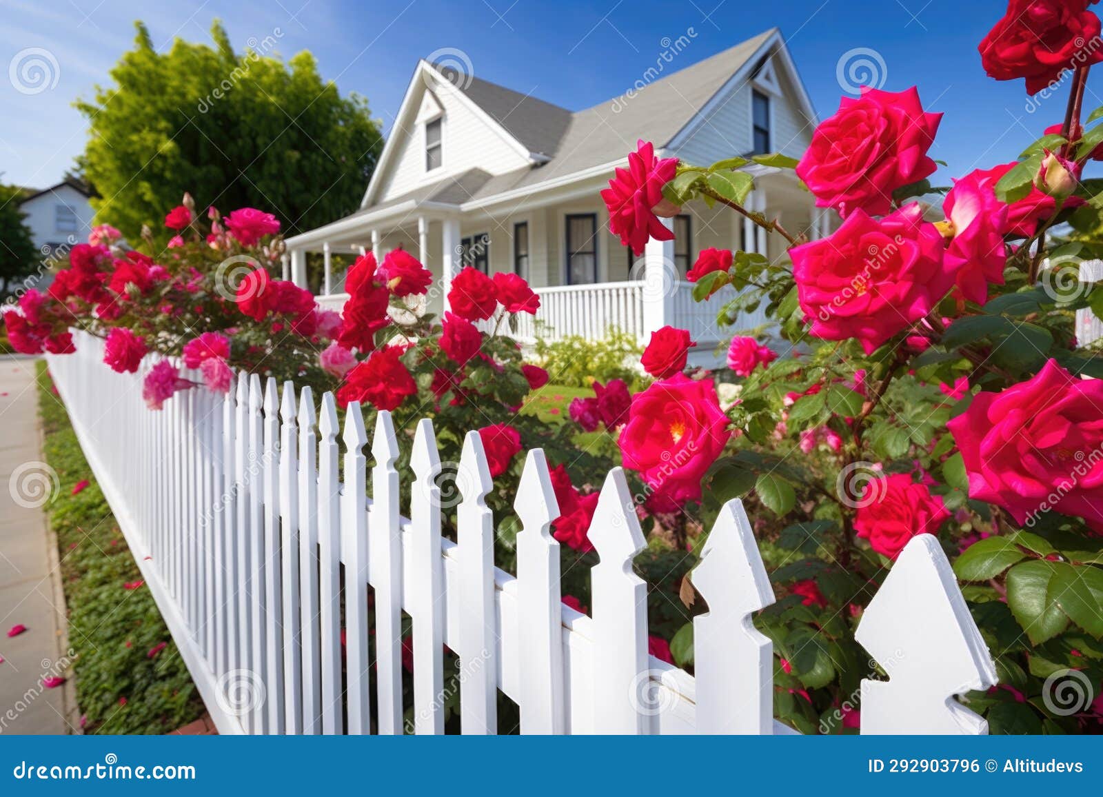 Pristine White Picket Fence with Blooming Roses Stock Photo - Image of ...