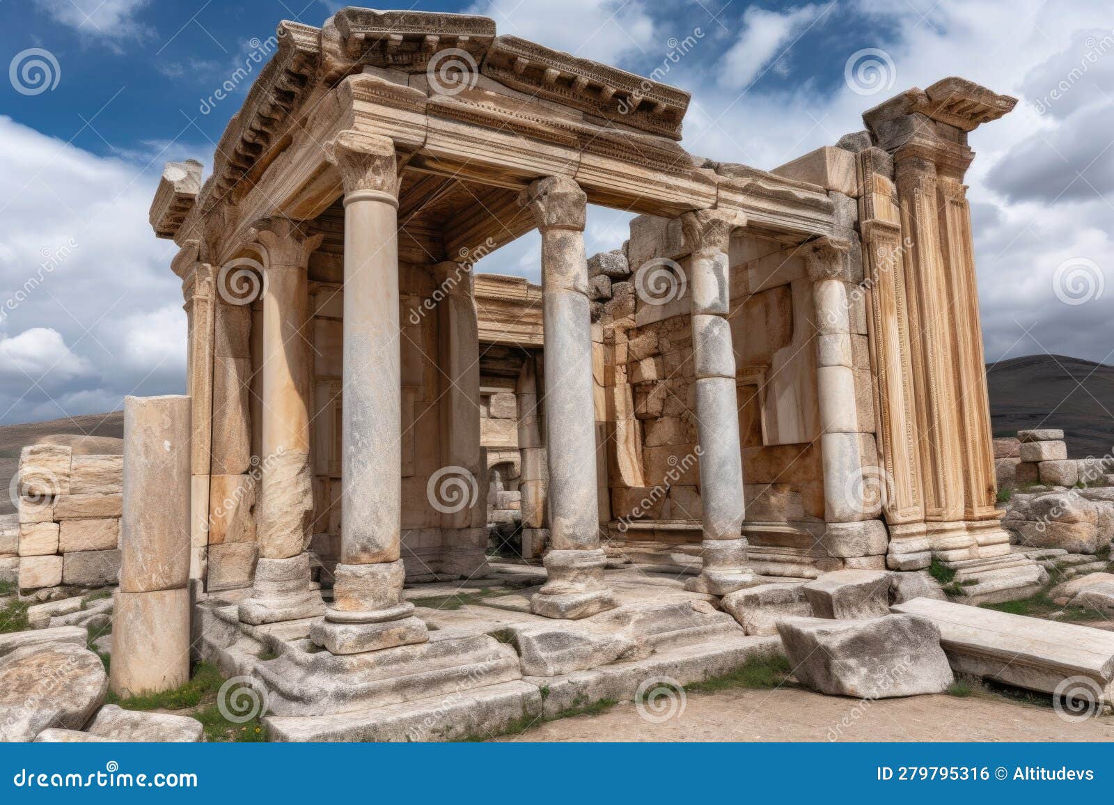 Pristinely Preserved Ancient Temple, with Broken and Toppled Columns ...