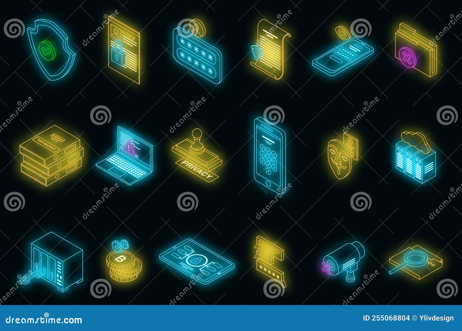 Privacy Icons Set Vector Neon Stock Vector - Illustration of detect ...