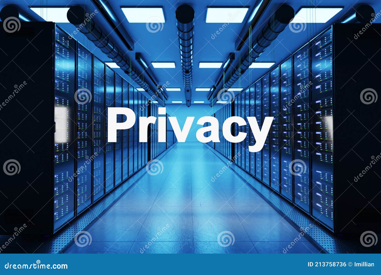 Privacy Logo in Large Modern Data Center with Multiple Rows of Network ...