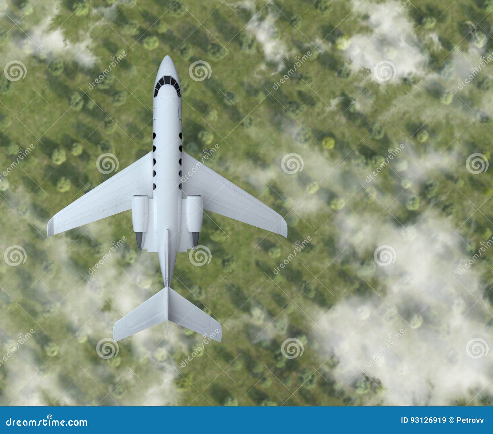 Private Airplane Fly Over the Forest with Clouds. Top View Stock ...