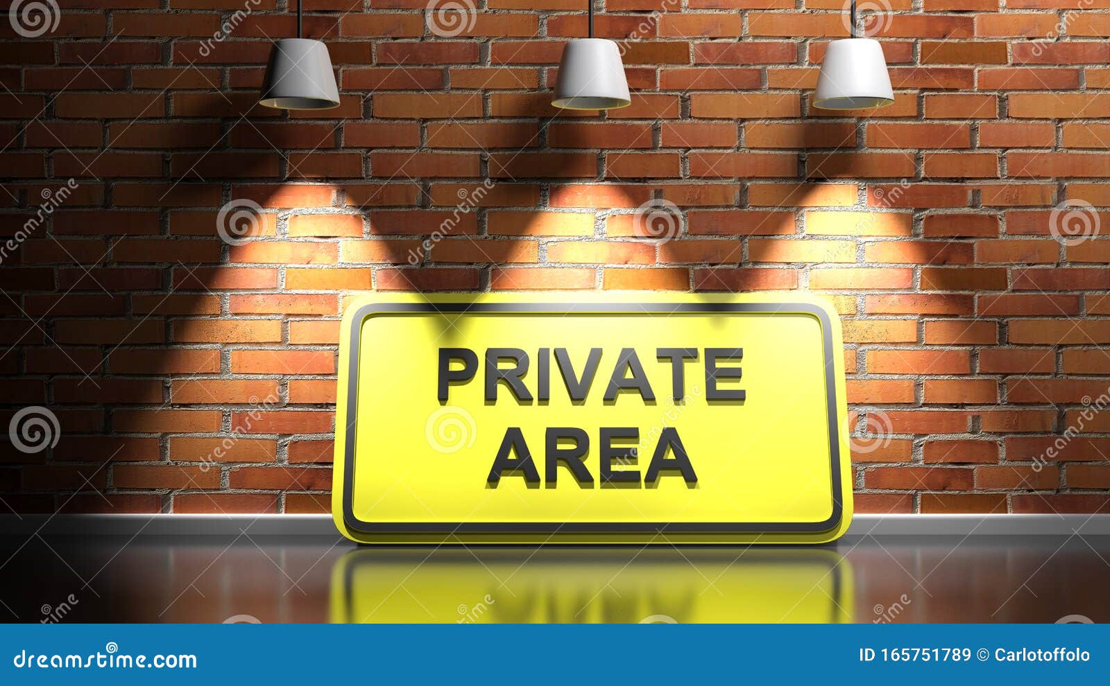 PRIVATE AREA Yellow Sign at Red Bricks Illuminated Wall - 3D Rendering ...