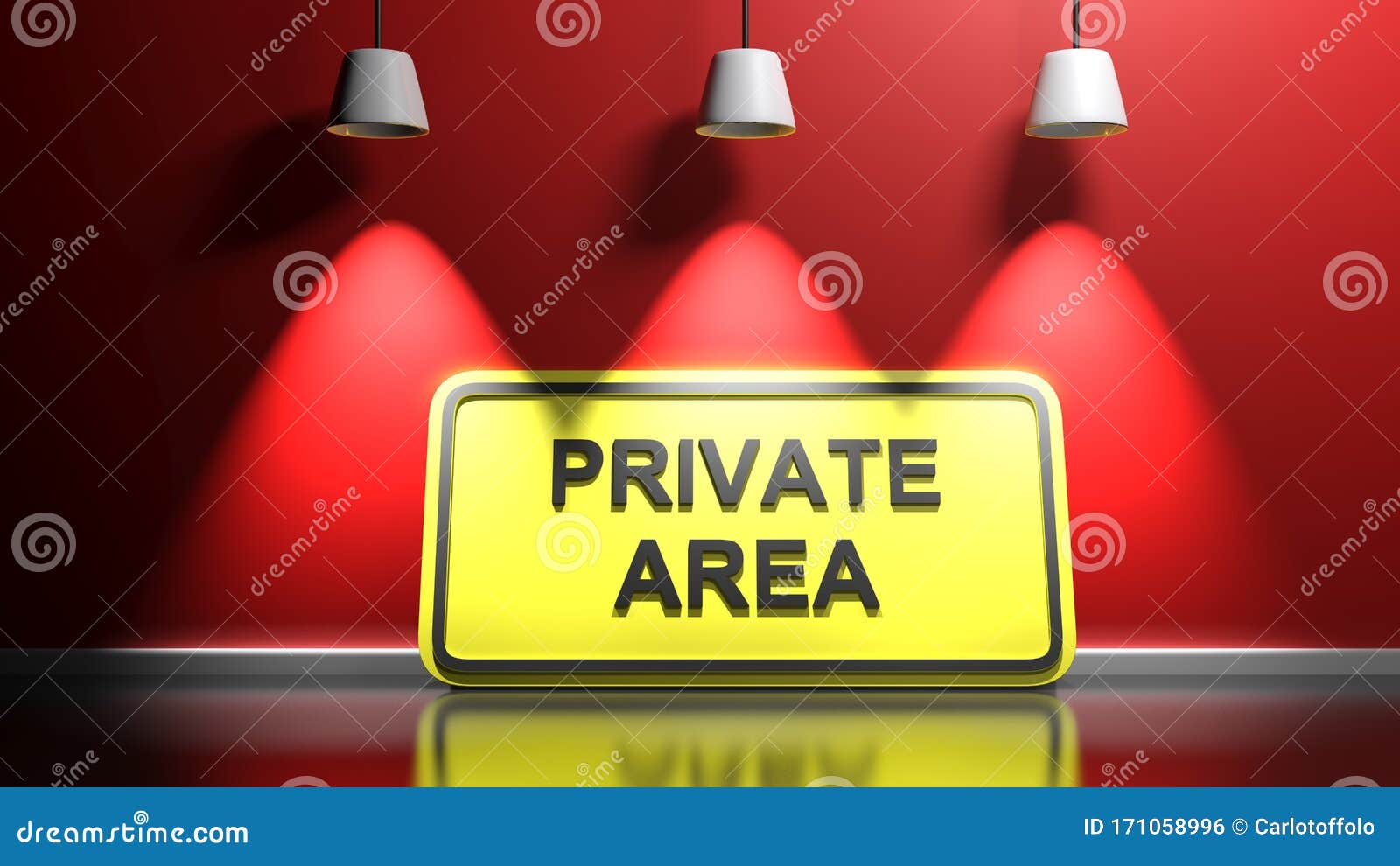 PRIVATE AREA Yellow Sign at Red Illuminated Wall - 3D Rendering ...