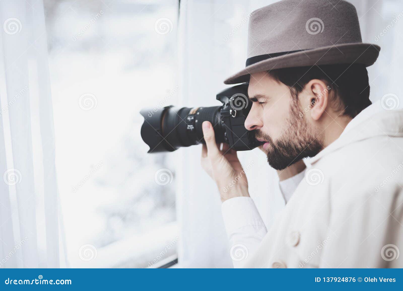Private Detective Agency. Man is Taking Photos in Window. Stock Photo ...
