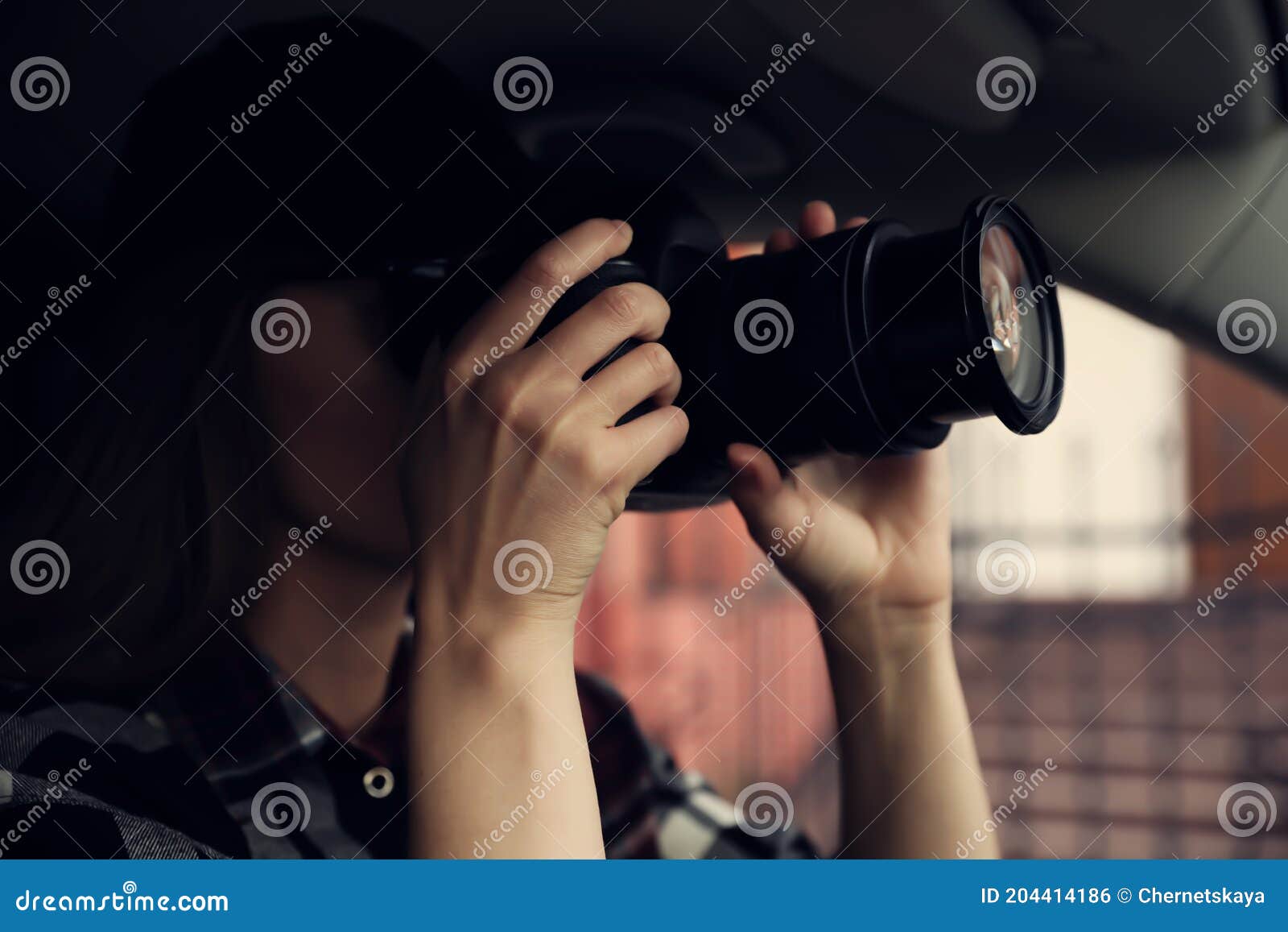 Private Detective with Camera Spying from Car, Focus on Lens Stock ...