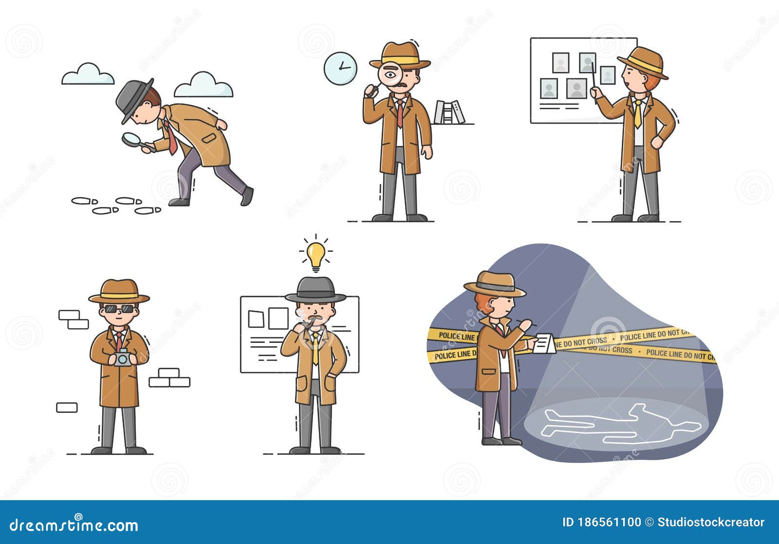 Private Detective Concept. Set of Young Cartoon Detectives with Tools ...