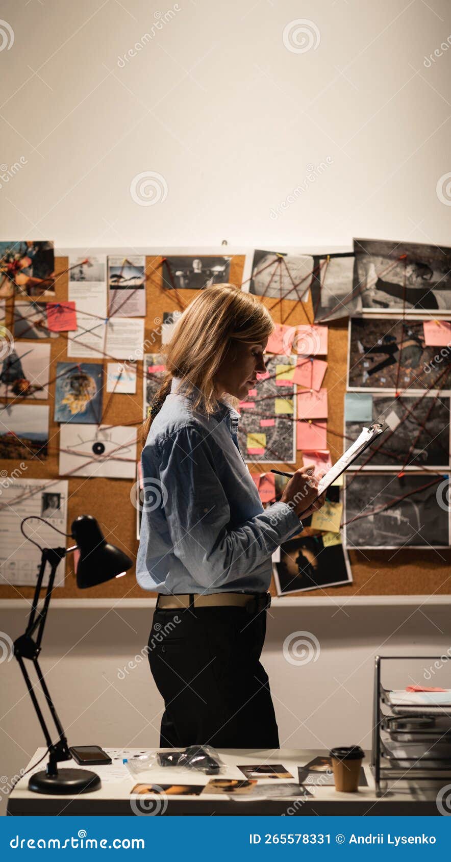 Private Detective in Uniform Over Workplace with Documents while ...