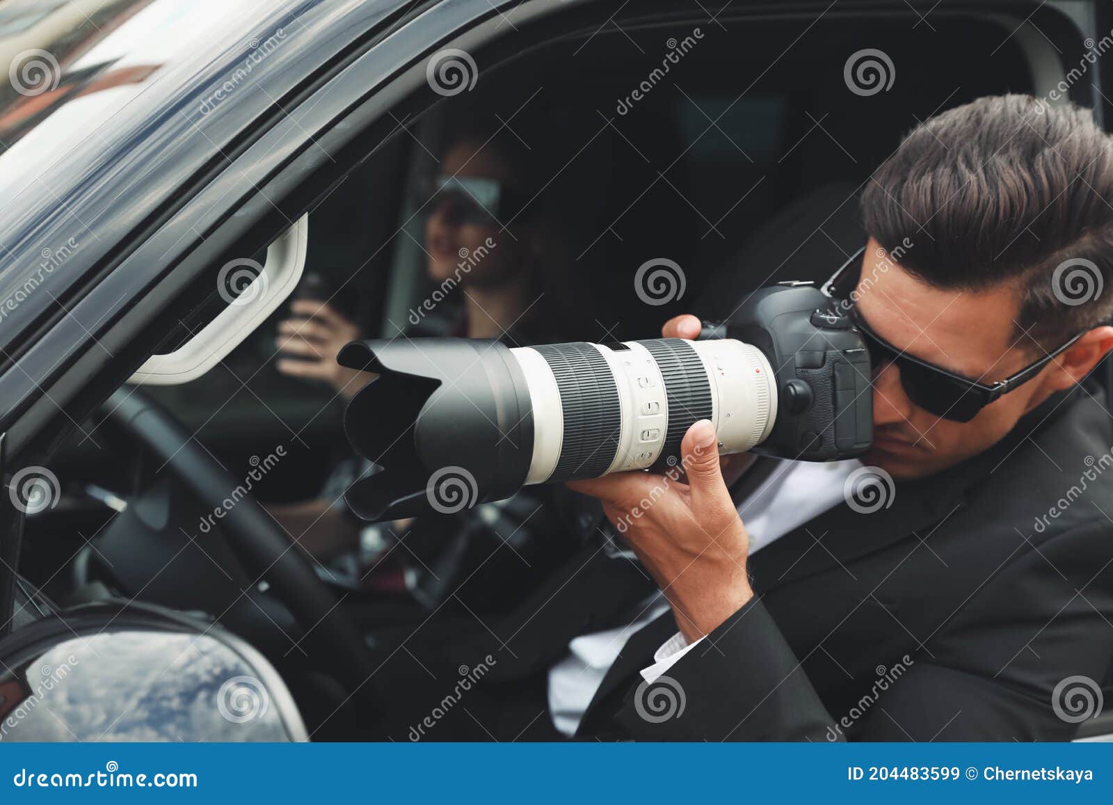 Private Detectives with Modern Camera Spying from Car Stock Image ...