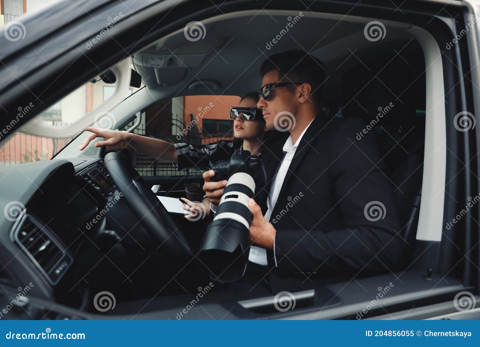 Private Detectives with Modern Camera Spying from Car Stock Image ...