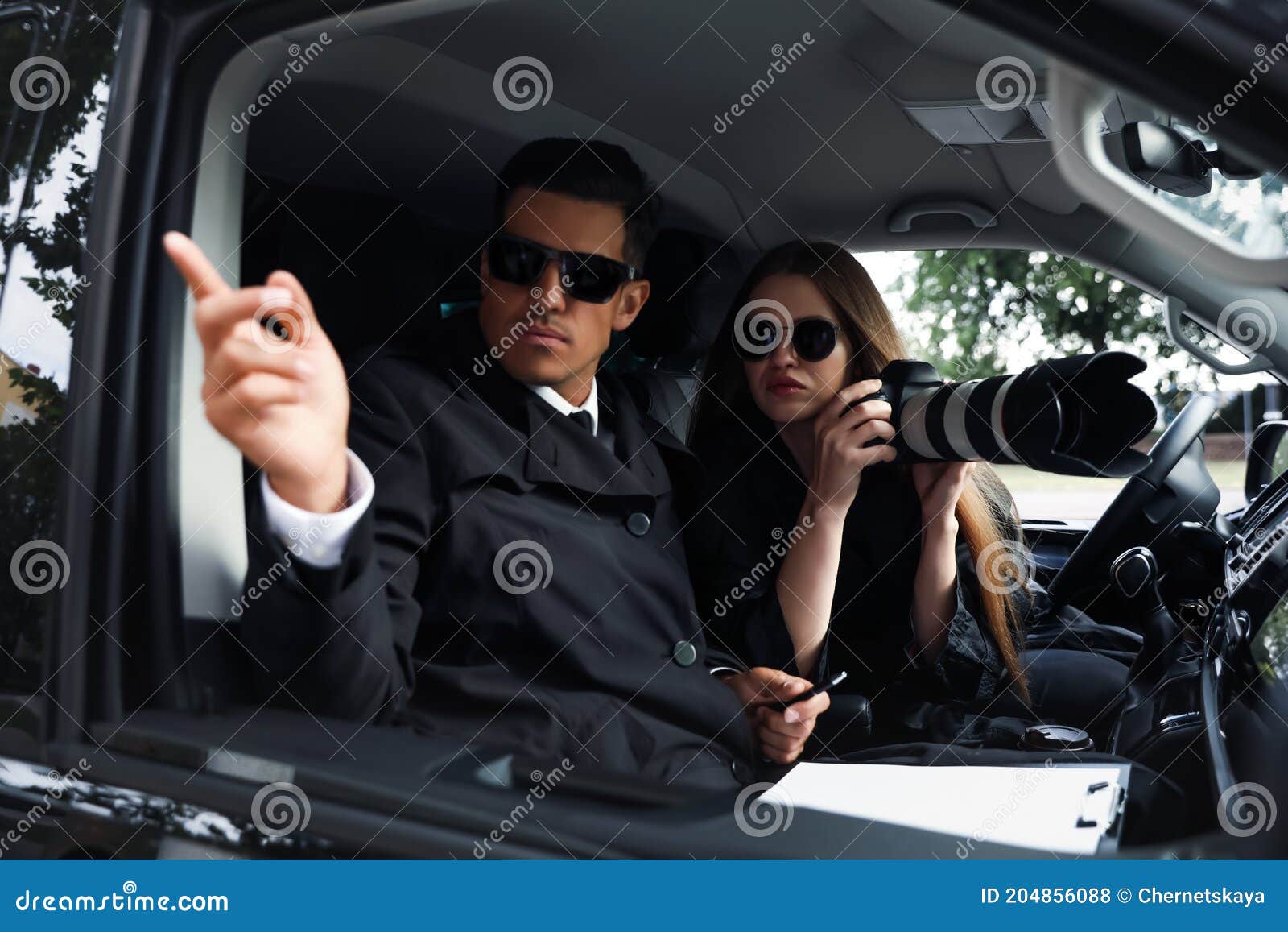 Private Detectives with Modern Camera Spying from Car Stock Photo ...