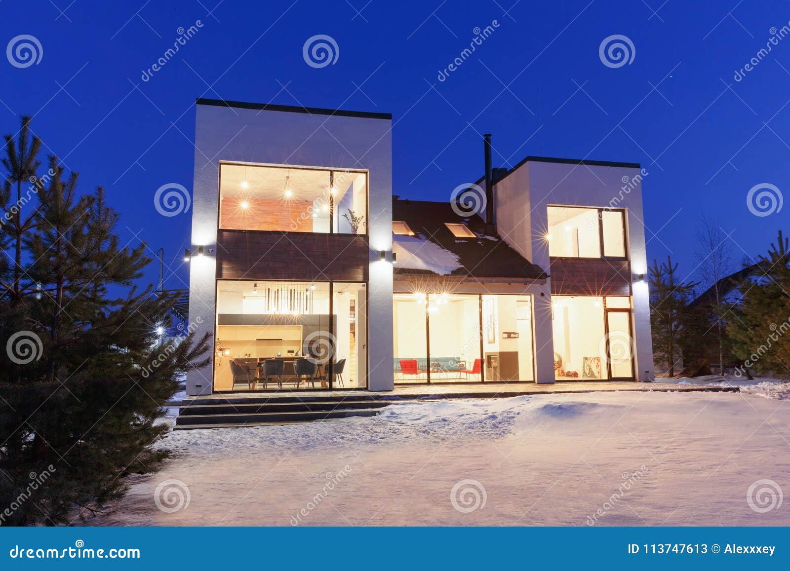 Private House with Panoramic Windows in a Modern Style on a Back Stock ...