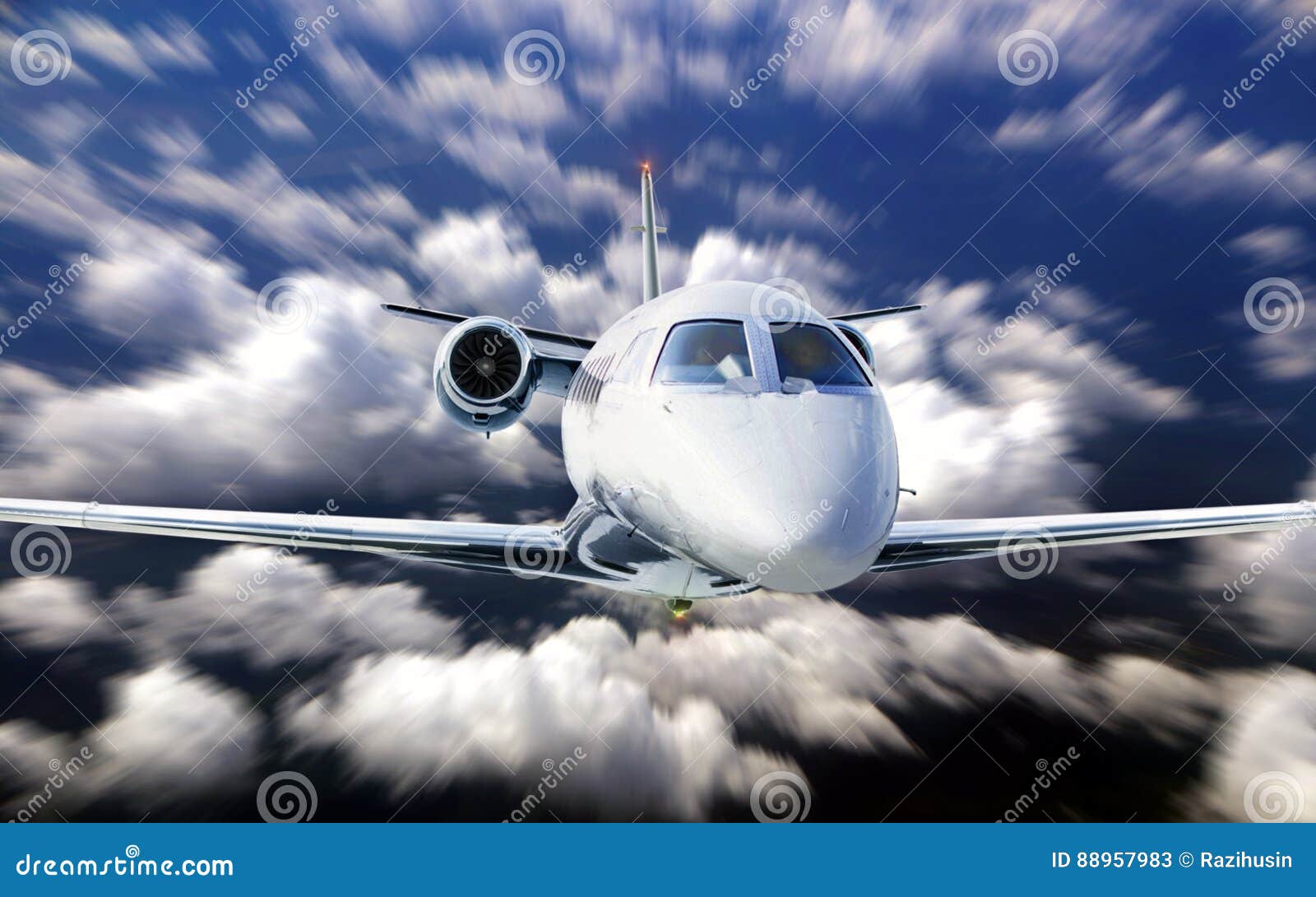 Private Jet Flying Under Cloudy Blue Sky Stock Image - Image of cockpit ...