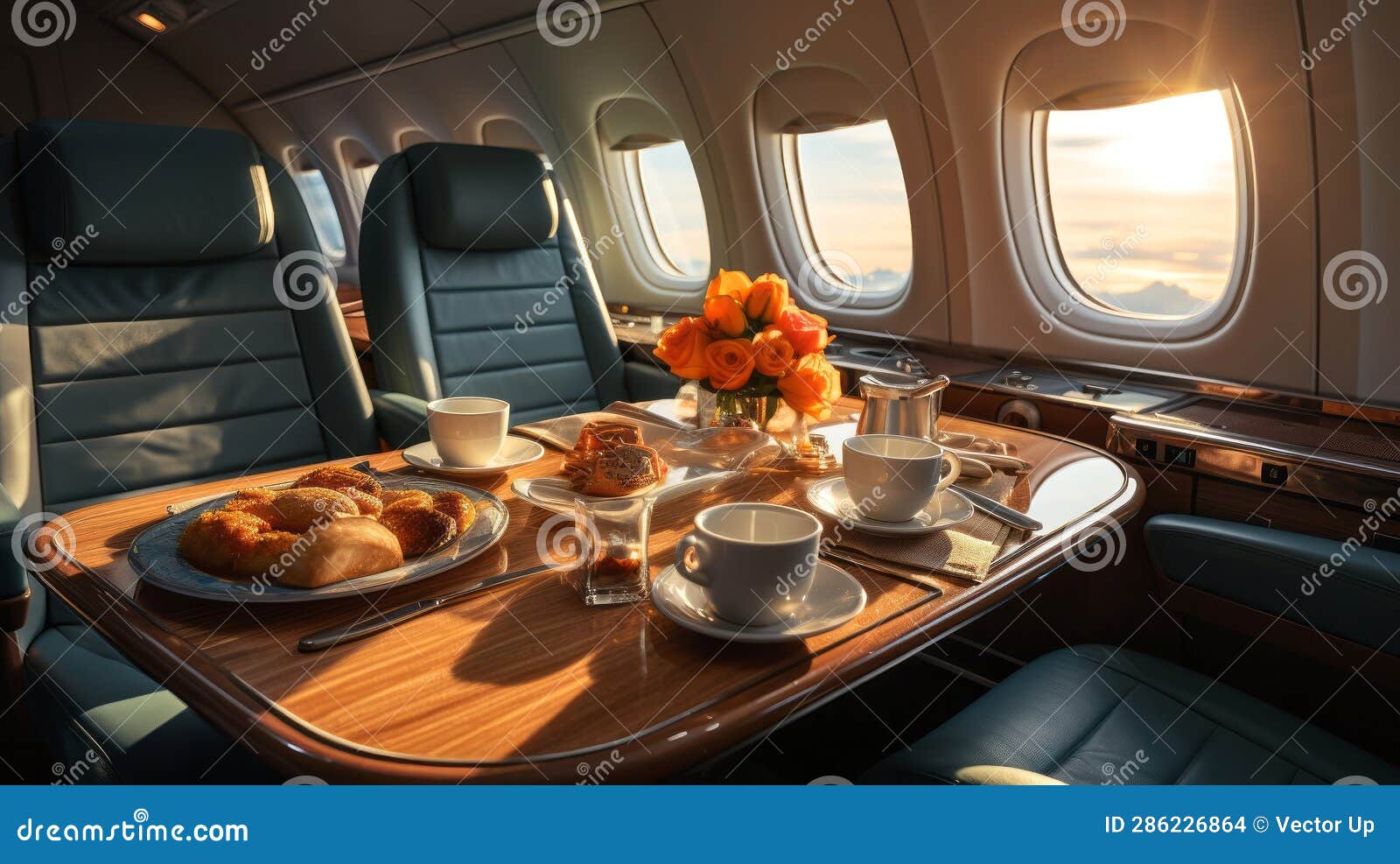 A Private Jet in Modern Style with Breakfast on the Table. Generative ...