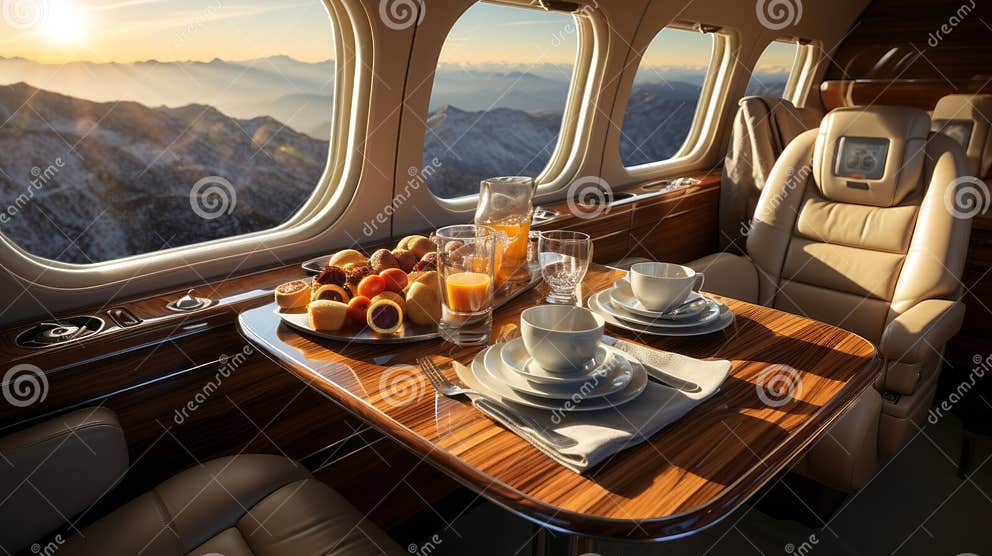 A Private Jet in Modern Style with Breakfast on the Table. Generative ...