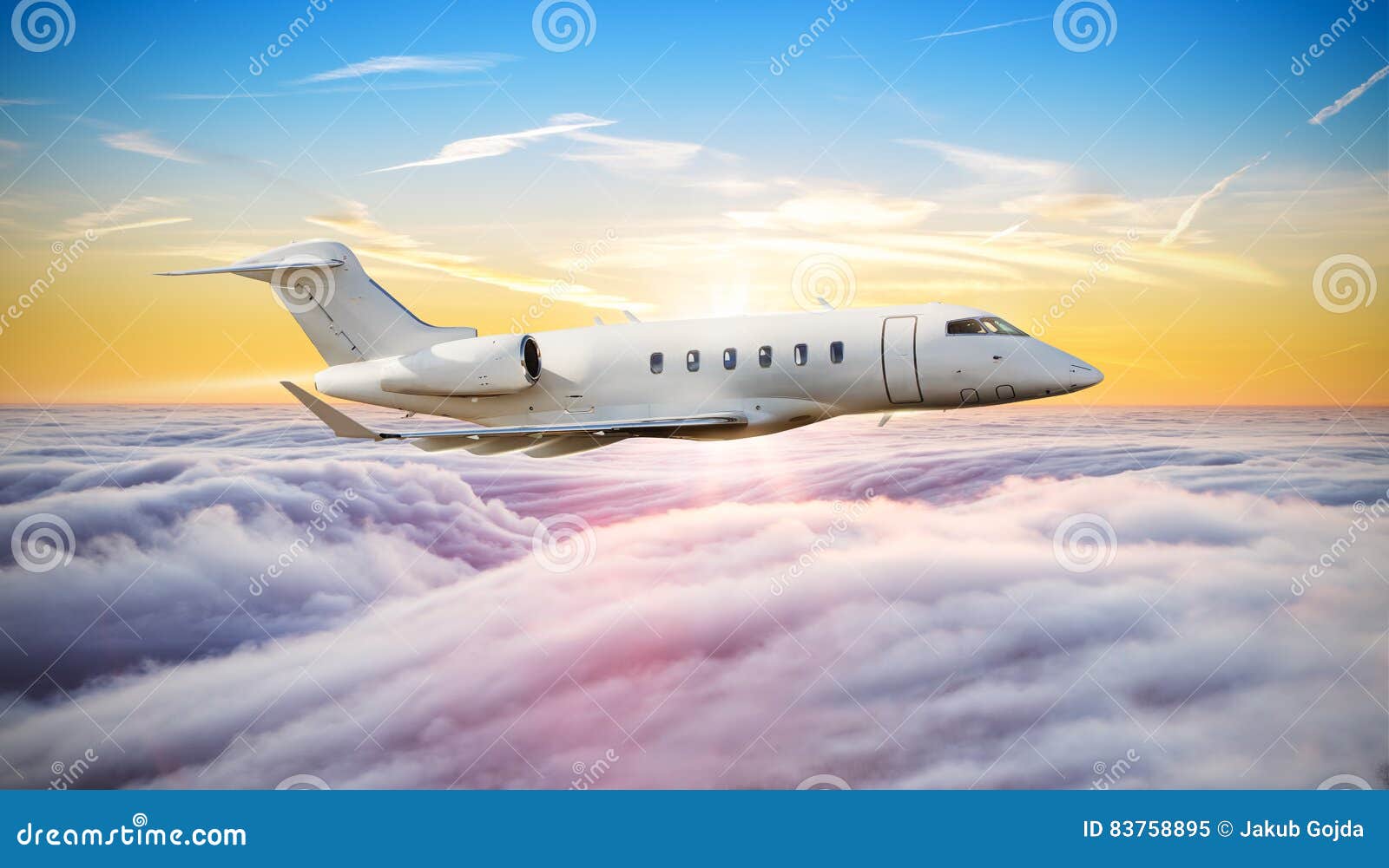 Private Jet Plane Flying Above Clouds Stock Image - Image of evening ...