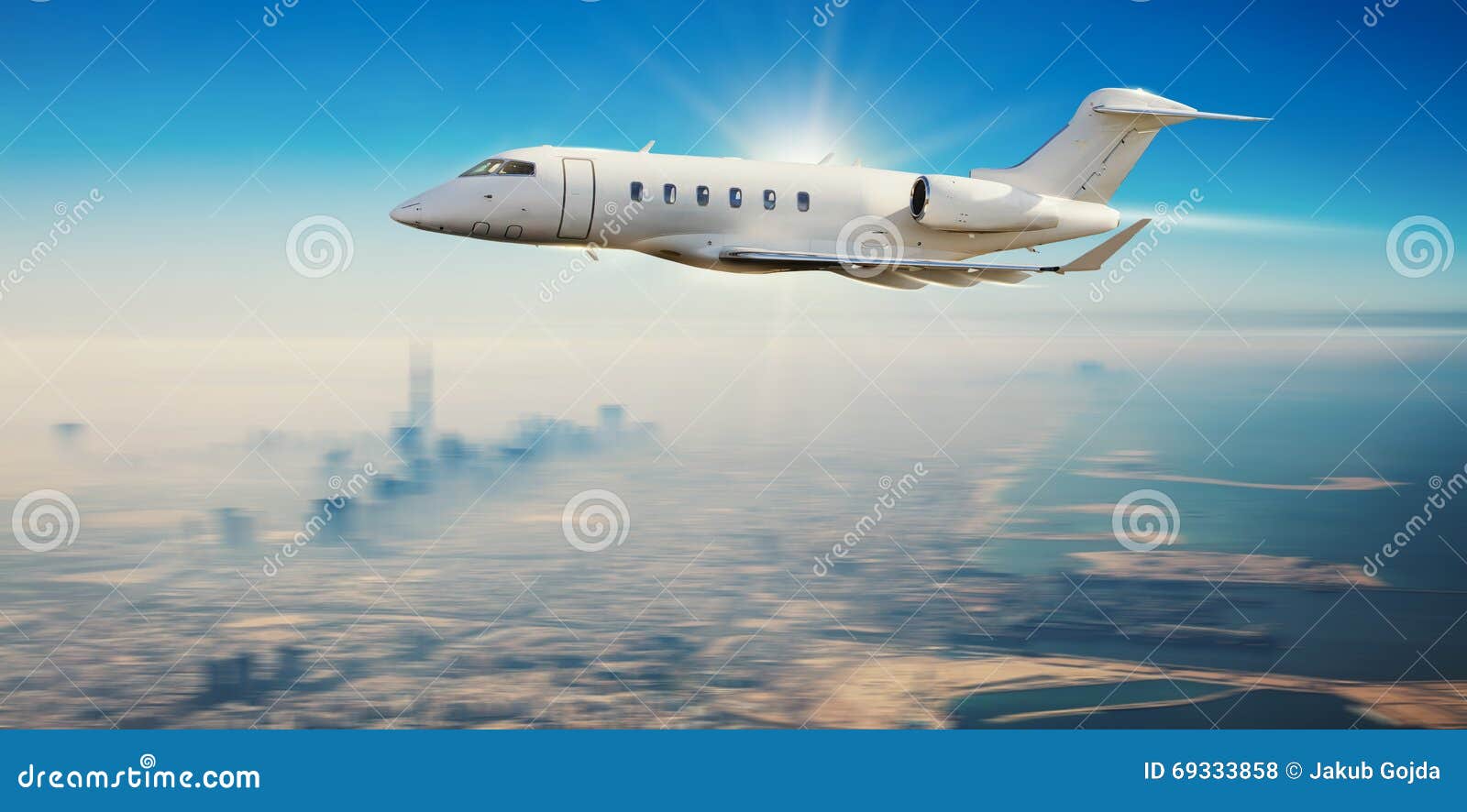 Private Jet Plane Flying Over Modern City Stock Photo - Image of small ...