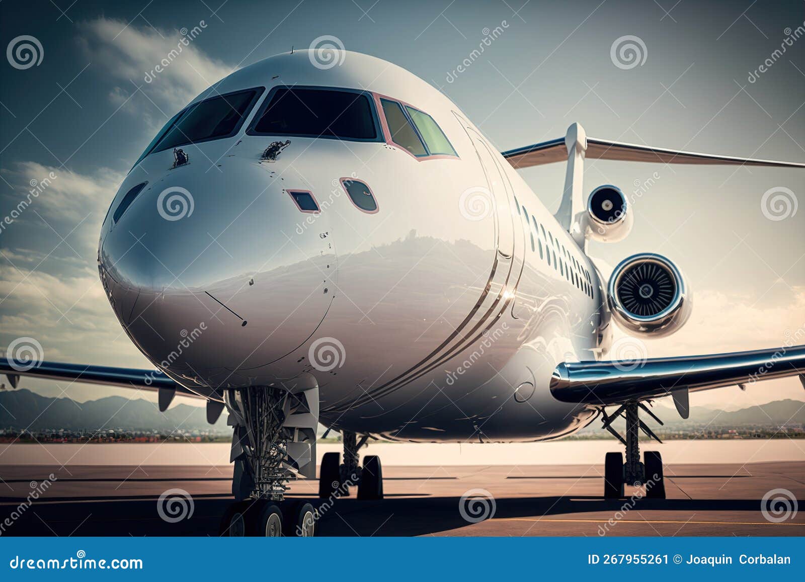 A Private Jet, Seen from the Front, Parked at an Airport, Wide Angle ...