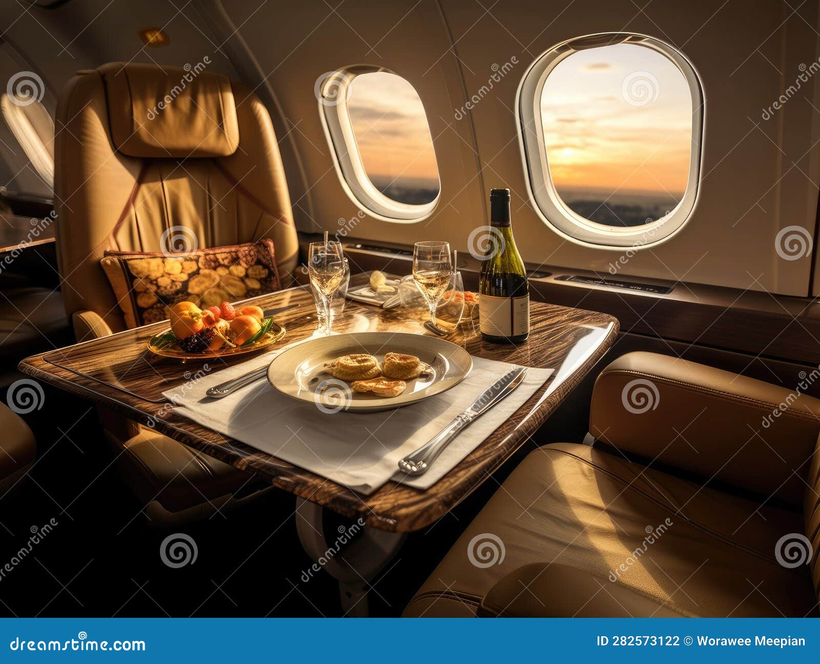 A Private Jet in the Style of Modern with a Dining Set on the Table ...
