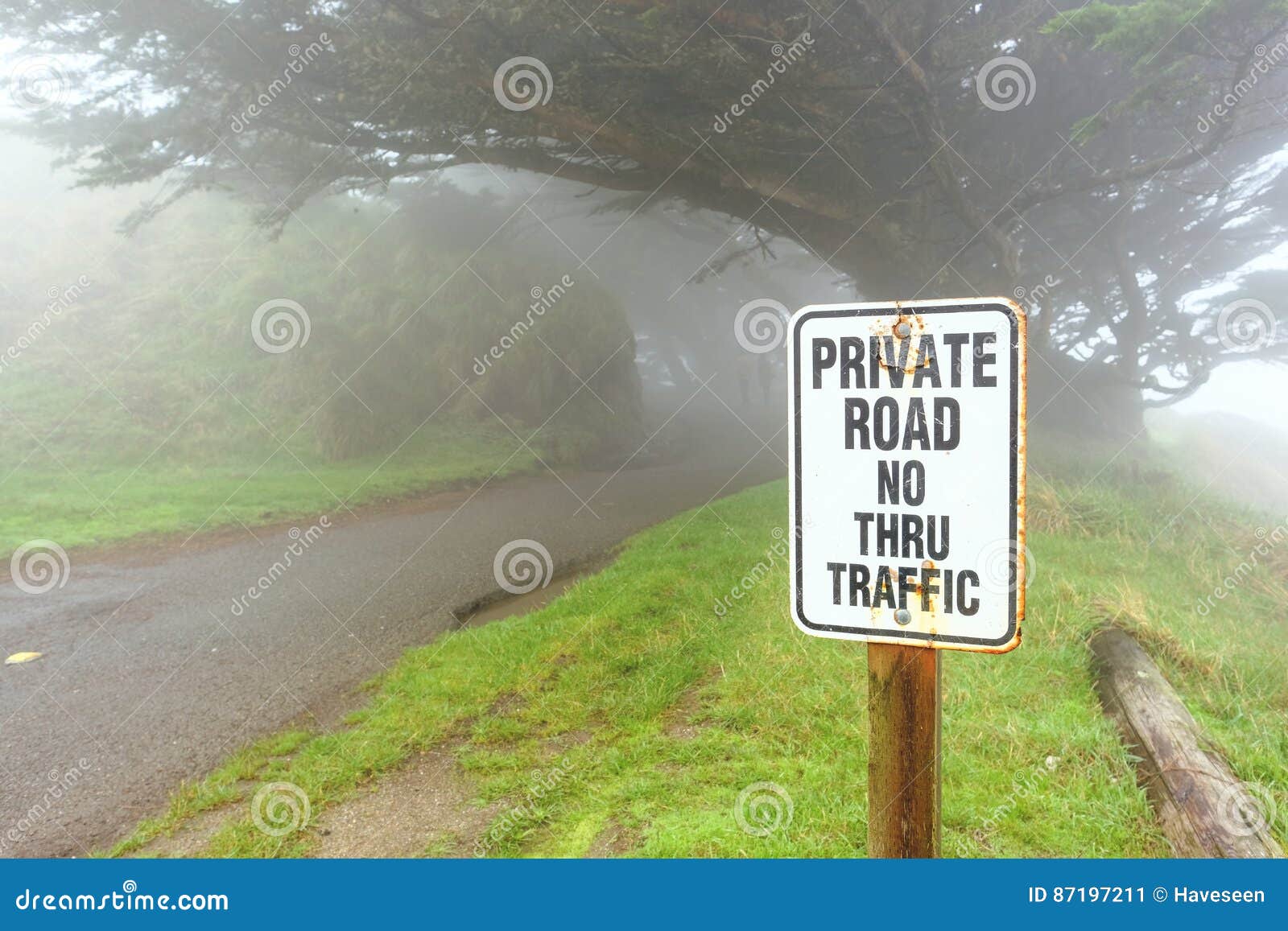 Private road sign in fog stock image. Image of misty - 87197211
