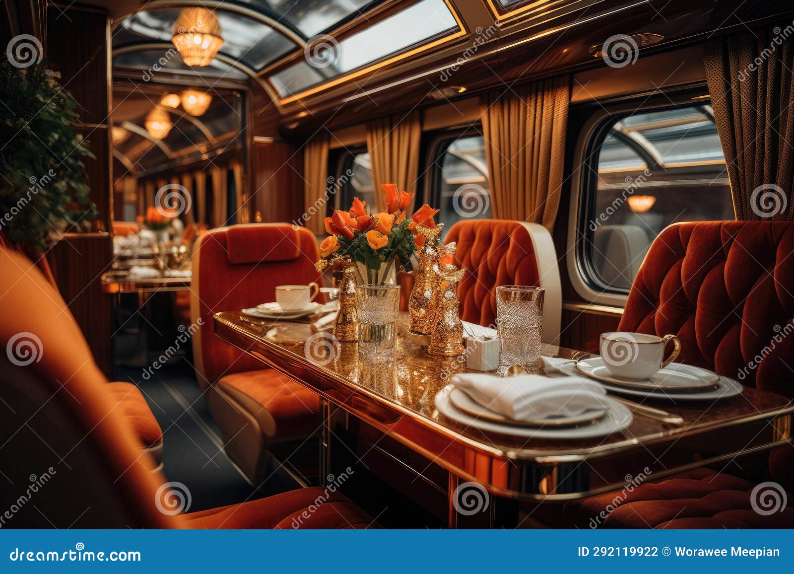 A Private Train with Leather Seats and a Tray Table in the Style of ...