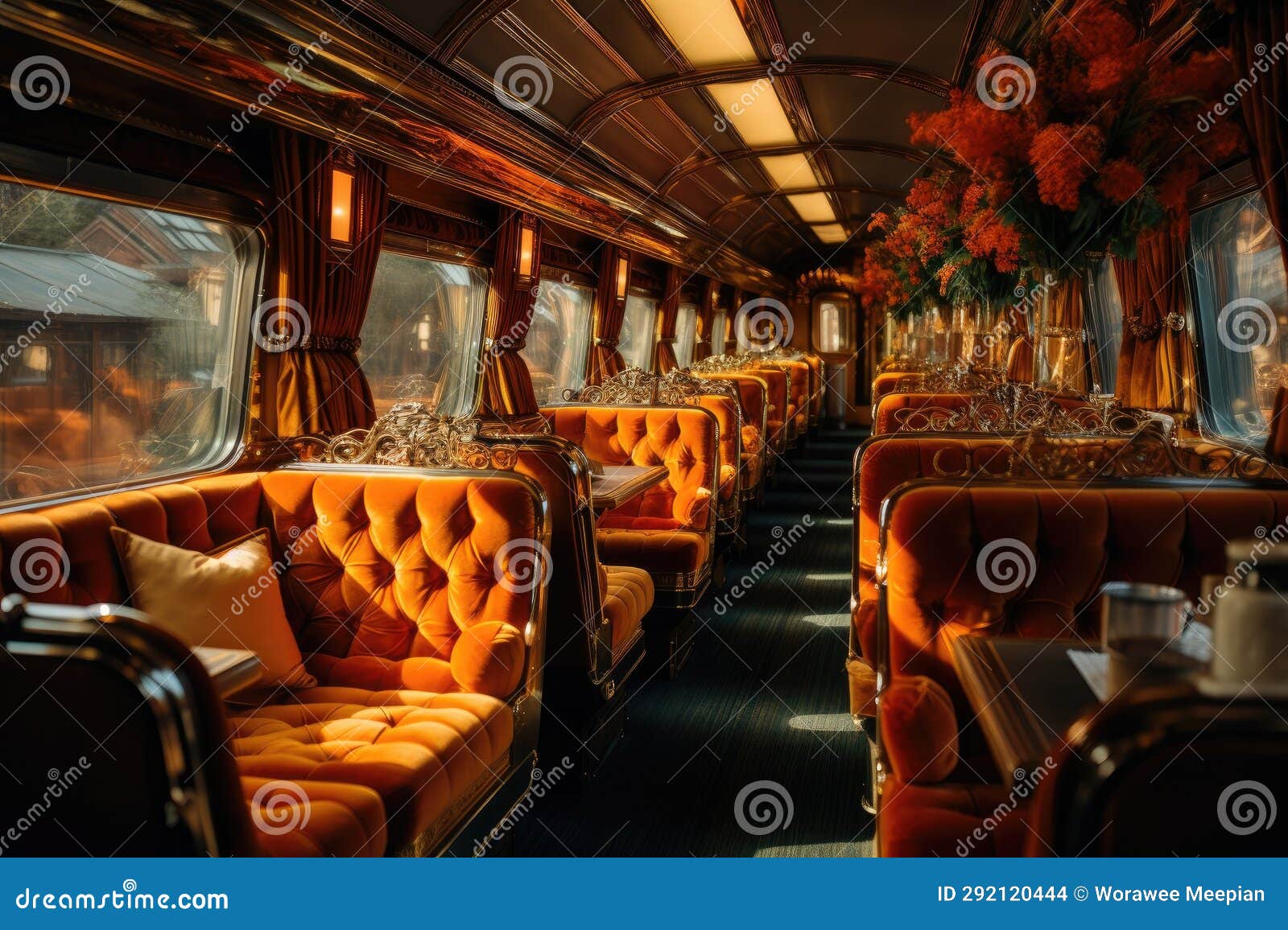 A Private Train with Leather Seats and a Tray Table in the Style of ...