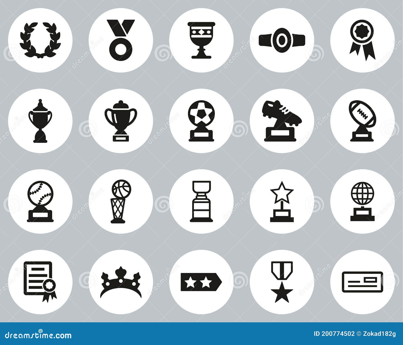 Prize or Trophy Icons Black & White Flat Design Circle Set Big Stock ...