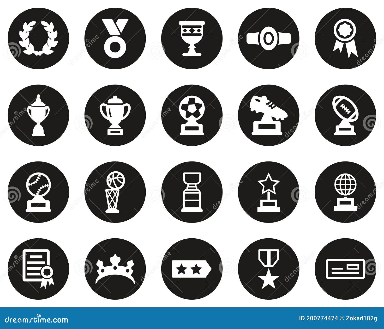 Prize or Trophy Icons White on Black Flat Design Circle Set Big Stock ...