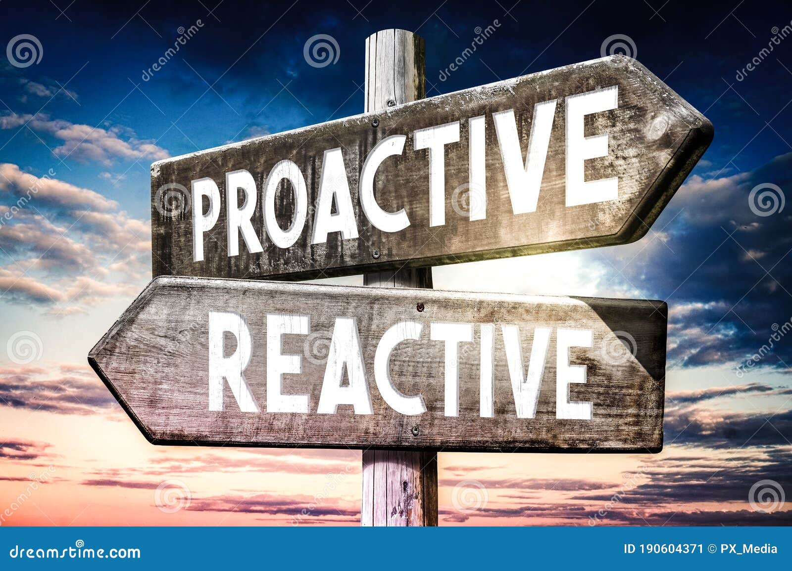 Proactive, Reactive - Wooden Signpost, Roadsign with Two Arrows Stock ... Proactive, Reactive - Wooden Signpost, Roadsign with Two Arrows Stock ...