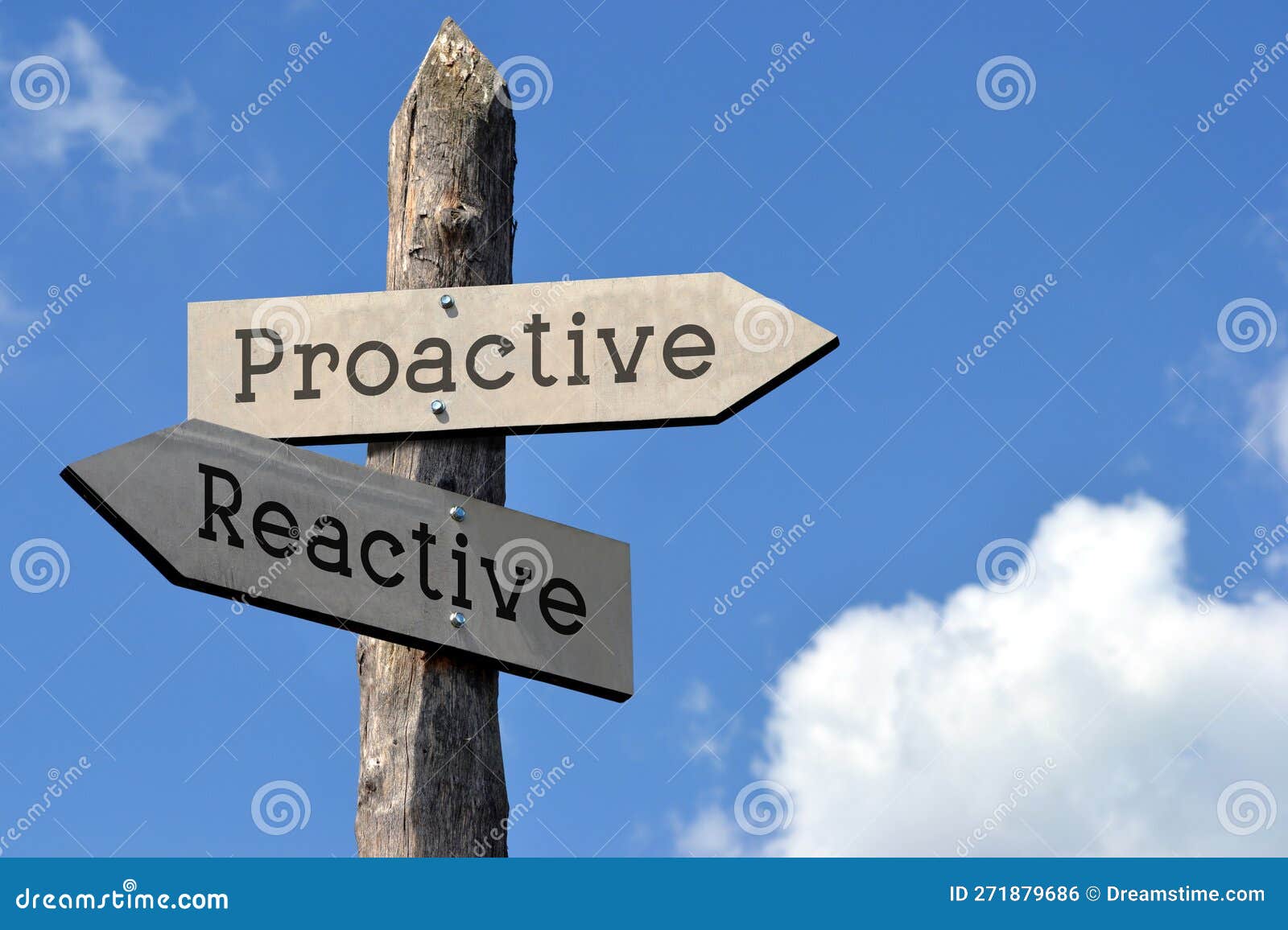 Proactive or Reactive - Wooden Signpost with Two Arrows Stock Photo ... Proactive or Reactive - Wooden Signpost with Two Arrows Stock Photo ...