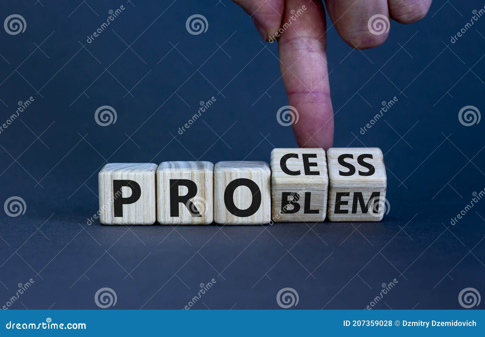Problem or Process Symbol. Businessman Hand Turns Wooden Cubes and ...