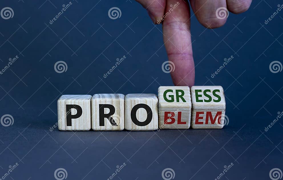 Problem or Progress Symbol. Businessman Hand Turns Wooden Cubes and ...