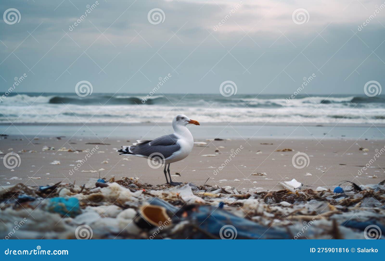 Seagull on Beach with Plastic Pollution Problem Stock Photo - Image of ...