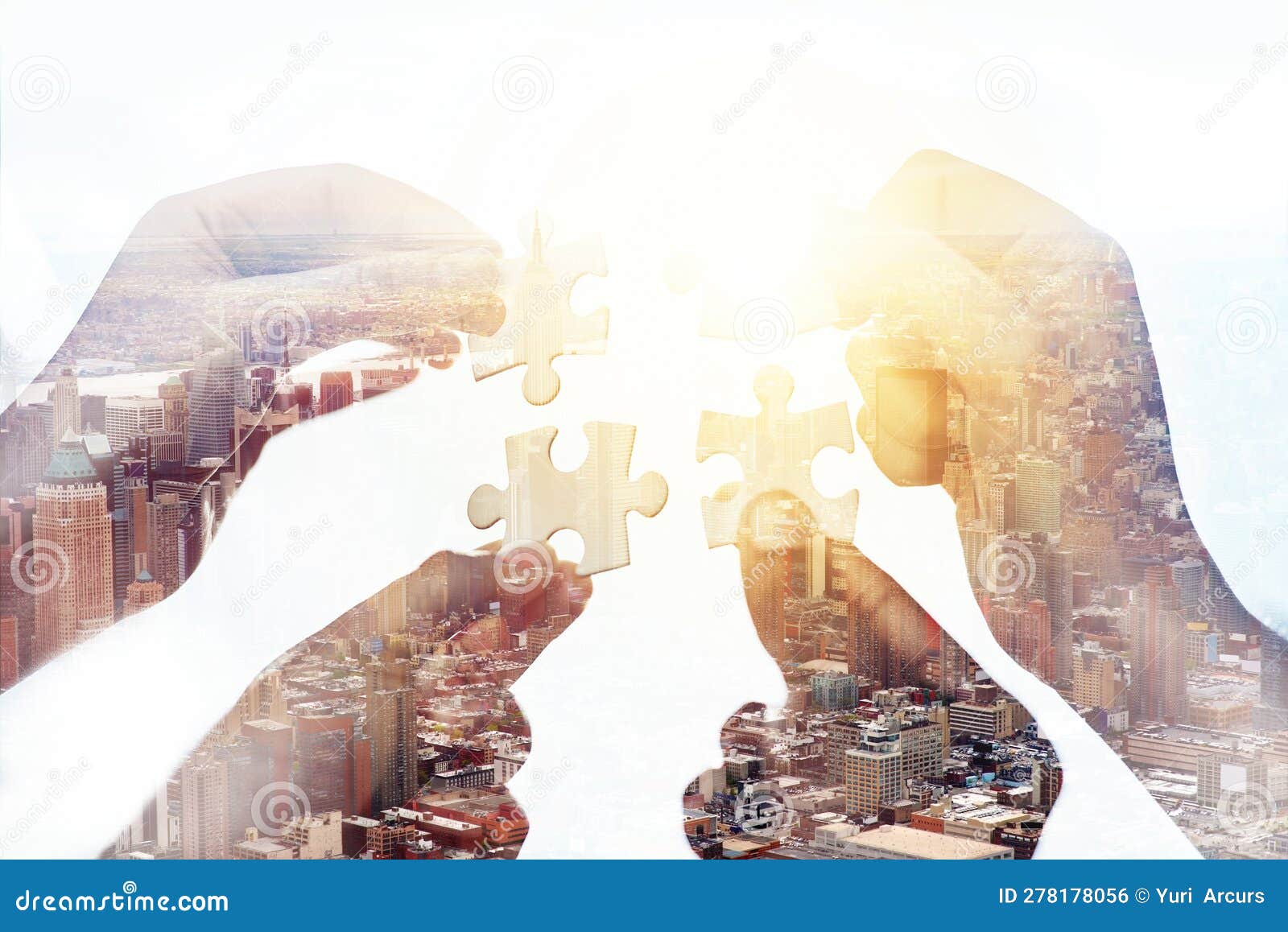 Problem Solving, City and Hands of People with Puzzle Pieces in a ...