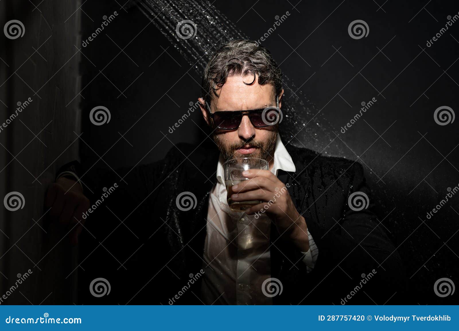 Problem Solving. Man in Suit in Bathroom Have Problem Business. Night ...