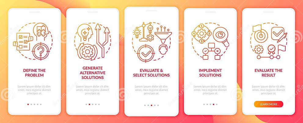 Problem Solving Steps Red Onboarding Mobile App Page Screen With Concepts Stock Vector