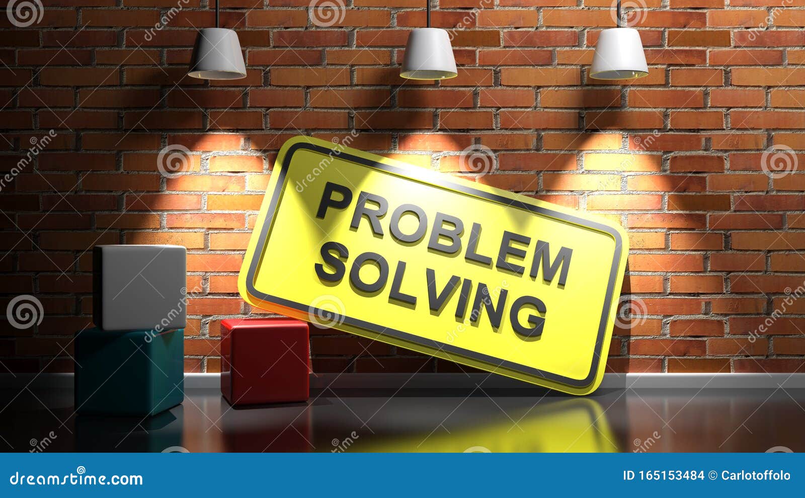 PROBLEM SOLVING Yellow Sign at Red Bricks Wall - 3D Rendering ...