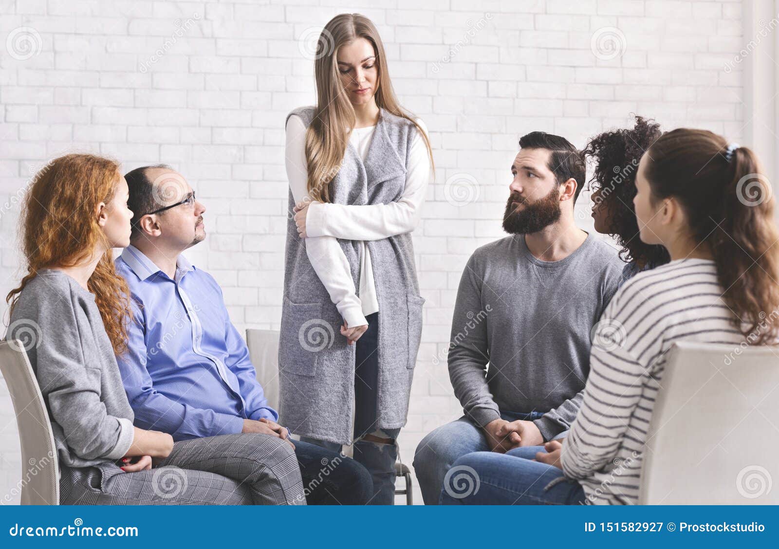 Problematic Woman Talking with Support Group about Her Problems Stock ...