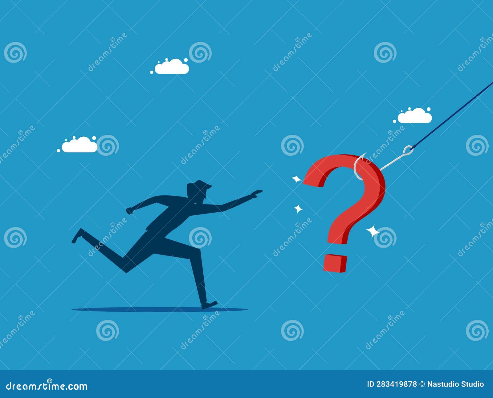 Problems and Deception. Man Chasing a Question Mark on a Hook Stock ...