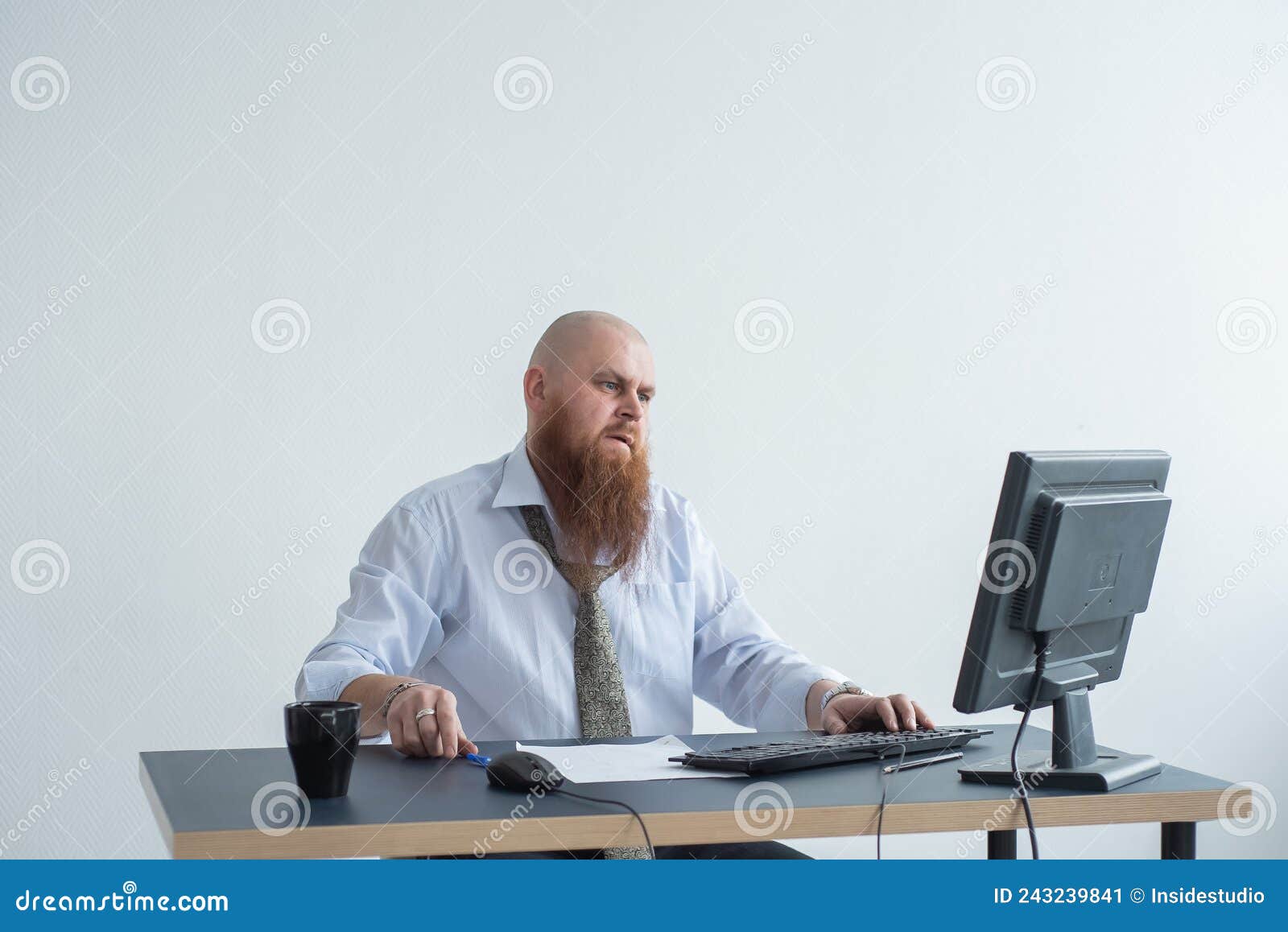 Problems for the Office Worker. a Bald Man in a White Shirt Sits at a ...