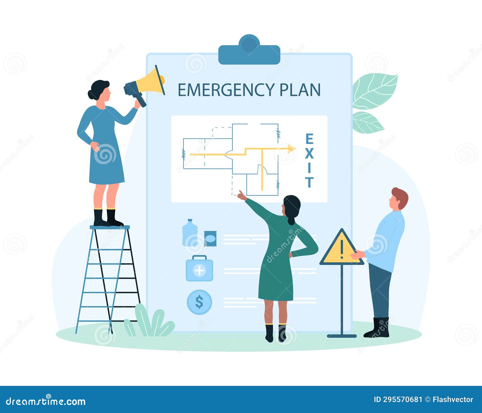Procedure of Evacuation, Emergency Map, Tiny People Notice about Safe ...