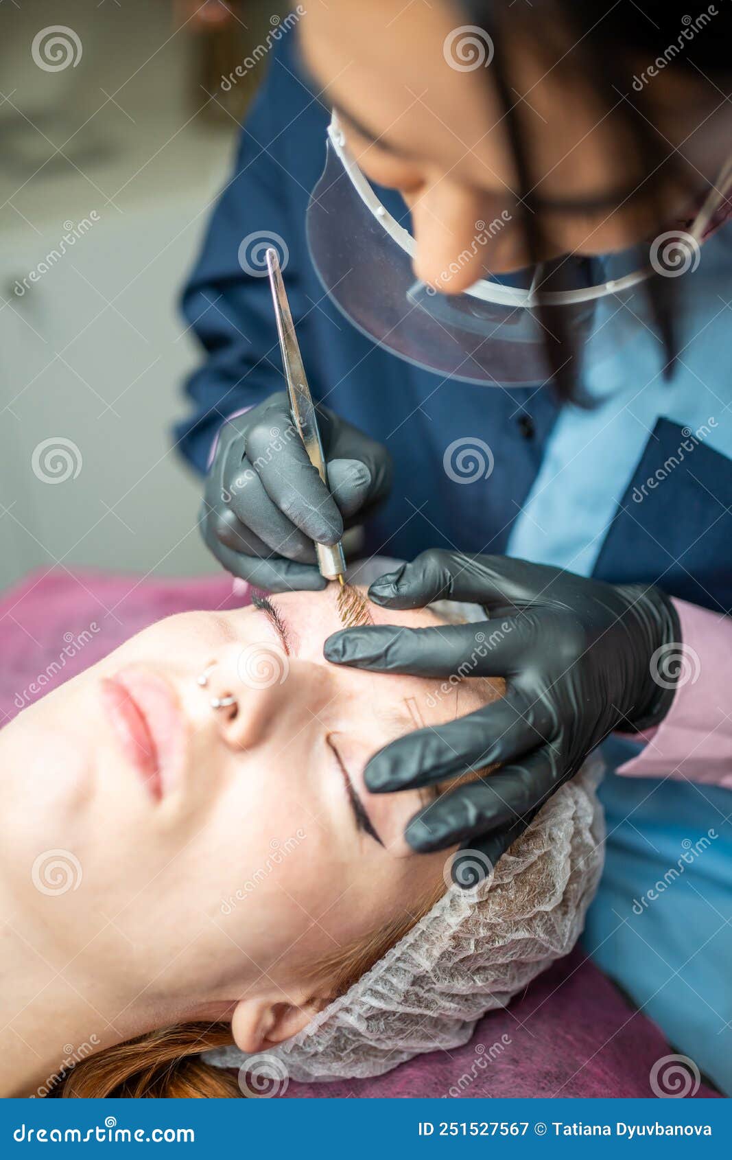 Procedure of Eyebrow Microblading. a Master in Black Gloves is Doing a ...