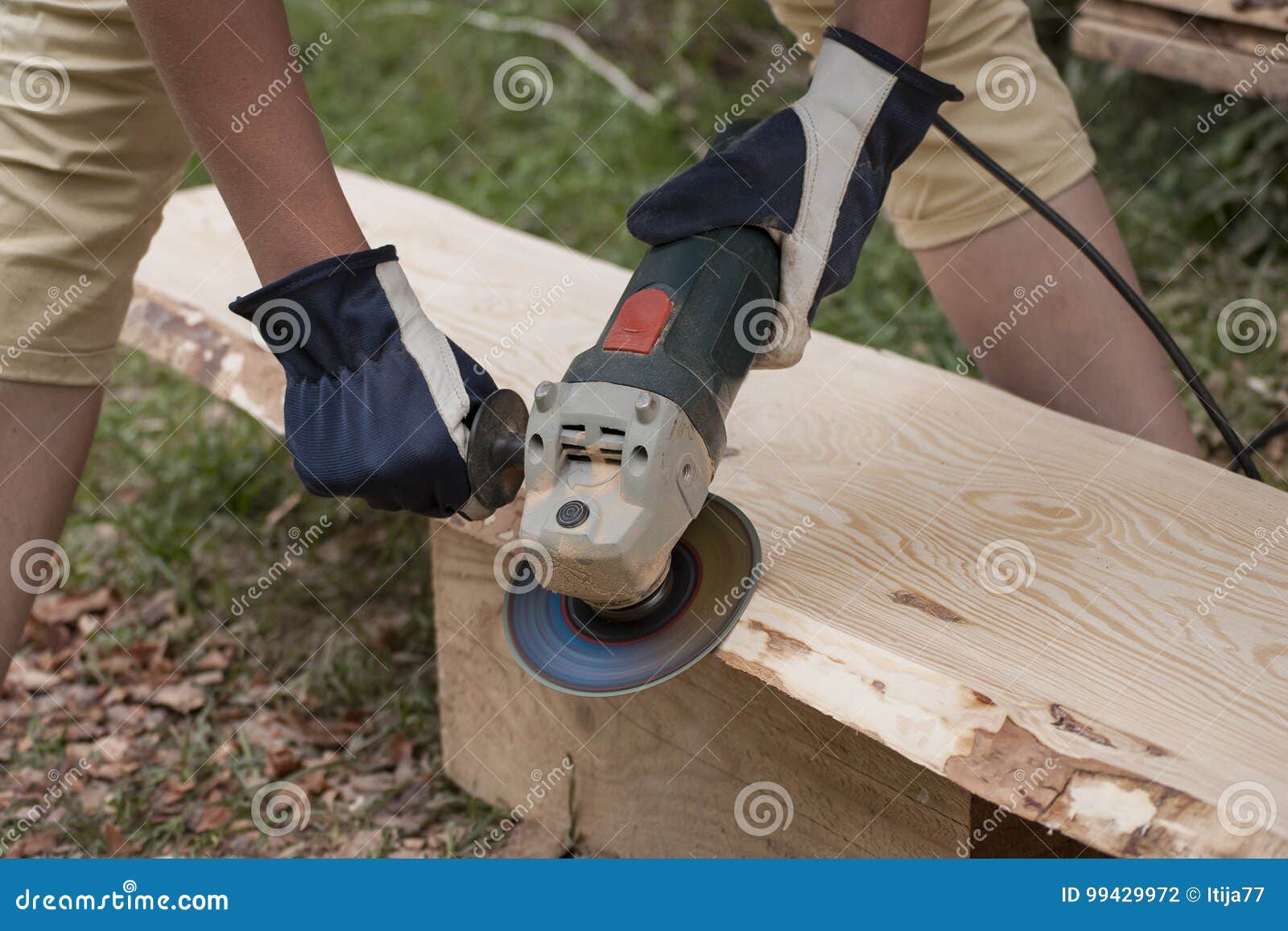 Process Of Abrading Peel Of Wooden Plank From Pine For Log House ...