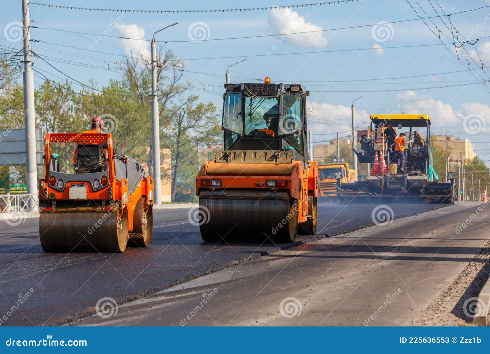 Process of Asphalting, Asphalt Paver Machine and Two Road Rollers ...