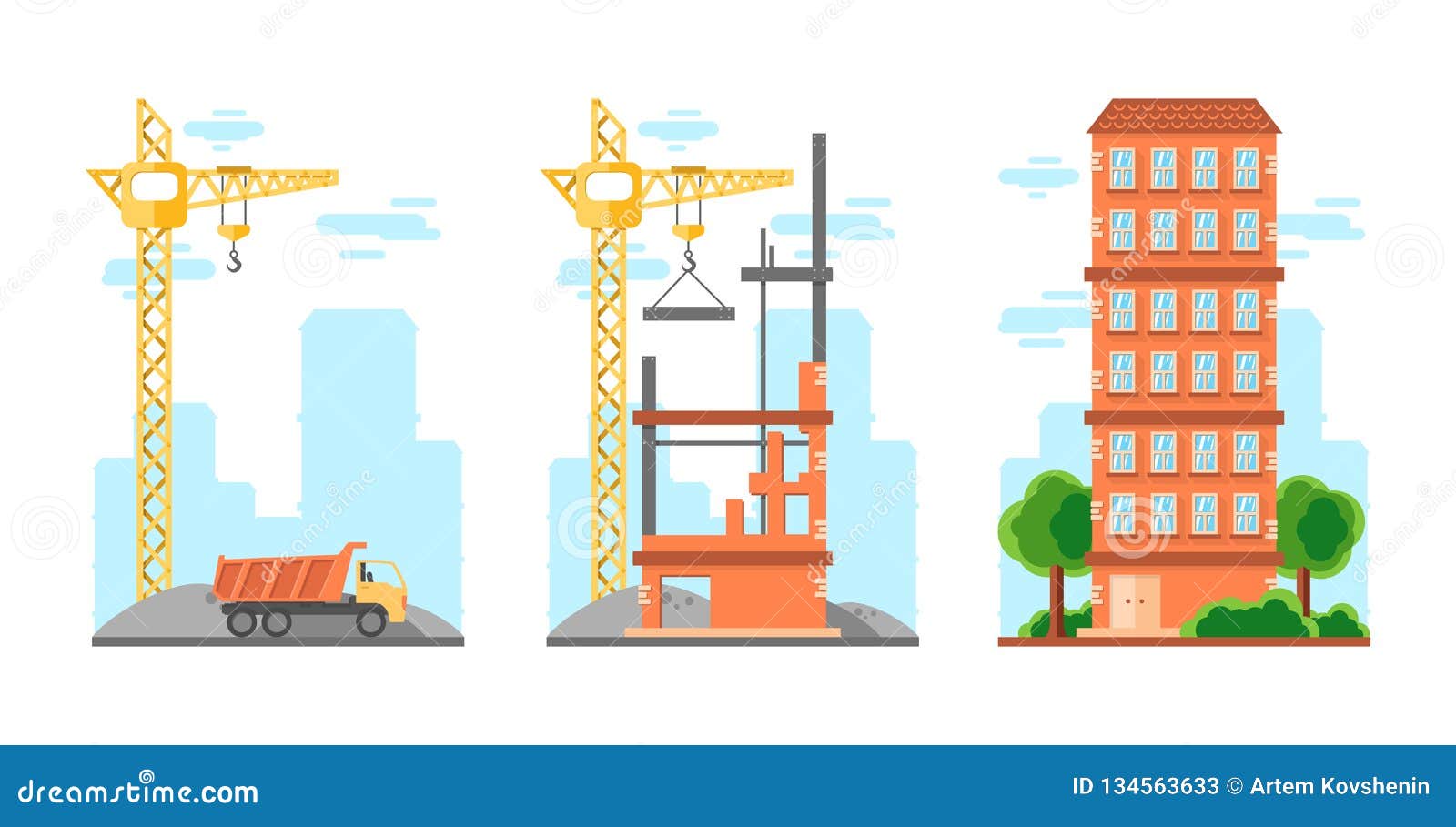 The Process of Building a Building with the Technique in a Flat Style ...
