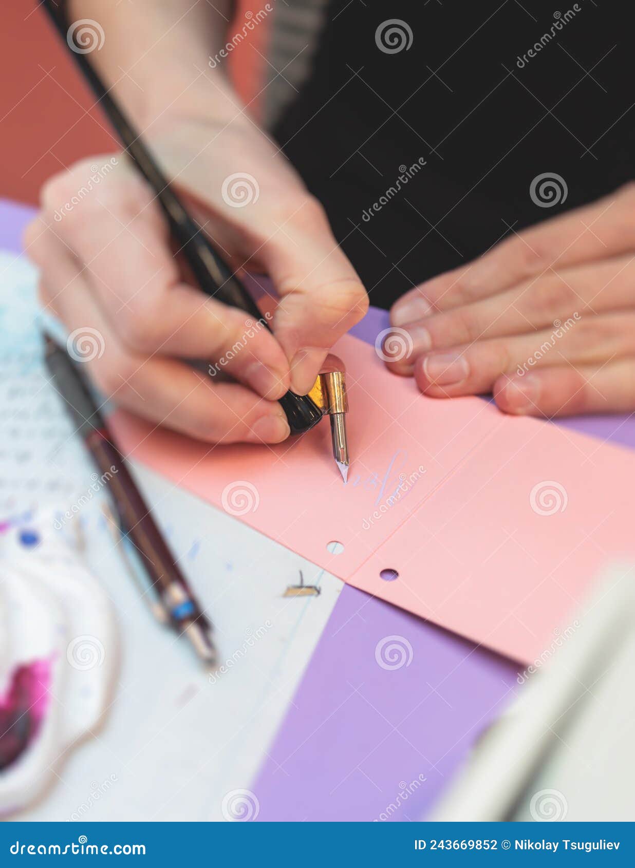 Process of Calligraphy Handwriting with an Ink Fountain Pen Feather ...