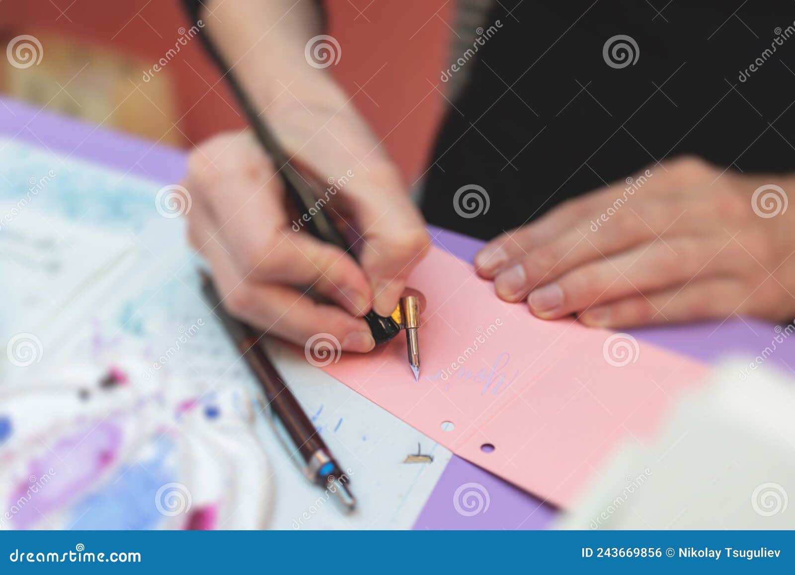 Process of Calligraphy Handwriting with an Ink Fountain Pen Feather ...