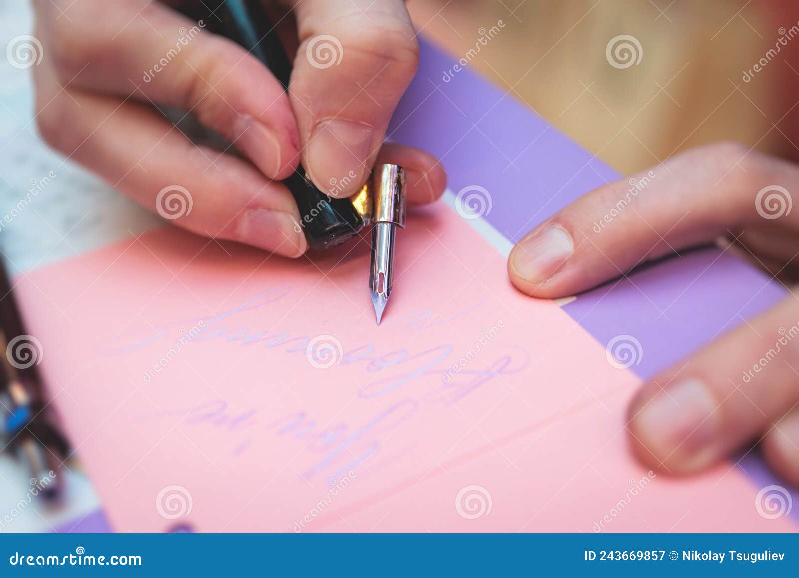 Process of Calligraphy Handwriting with an Ink Fountain Pen Feather ...