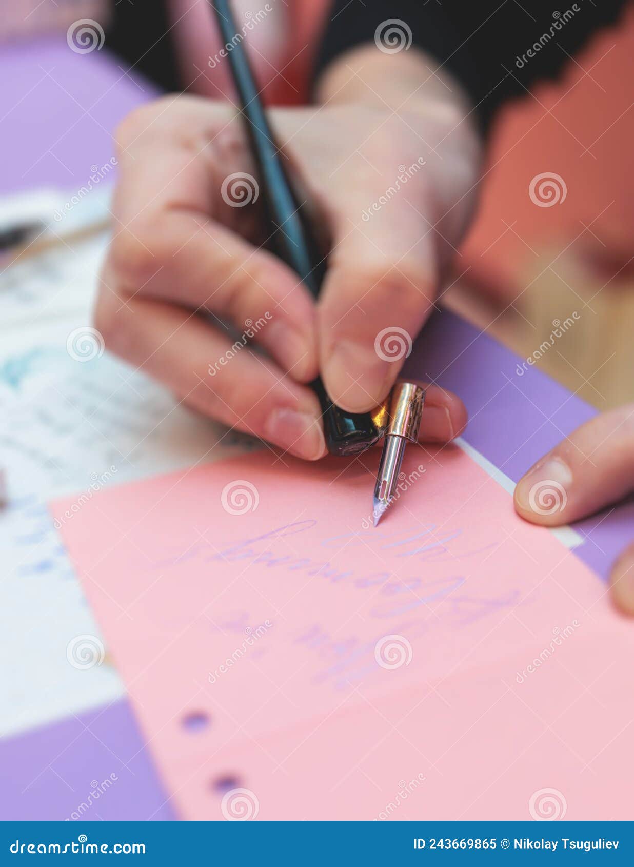 Process of Calligraphy Handwriting with an Ink Fountain Pen Feather ...